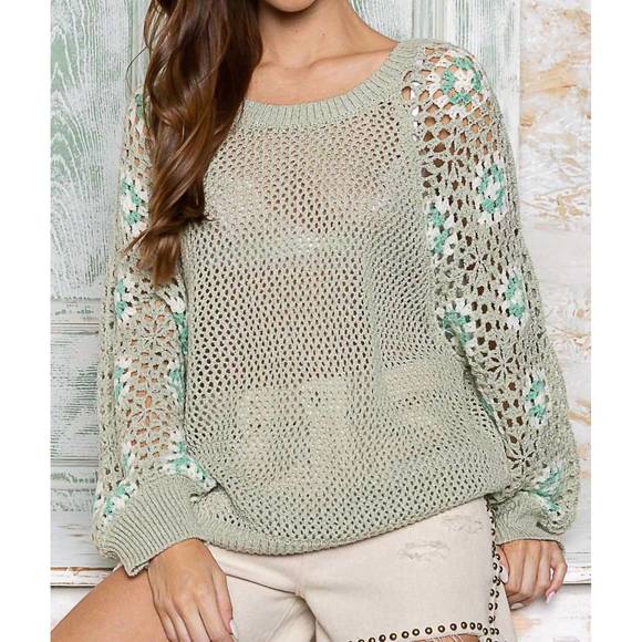 POL | Sweaters | New Pol Good Energy Patchwork Crochet Sweater In Sage ...